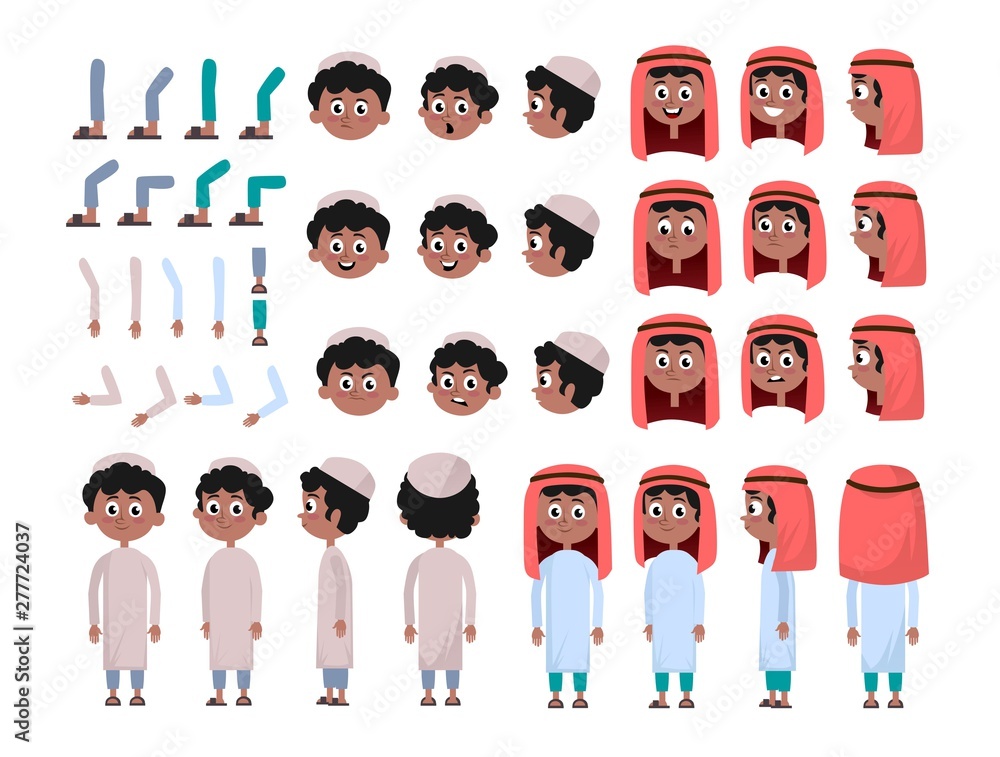 Arab boy character constructor set in flat style. Muslim boy DIY set ...