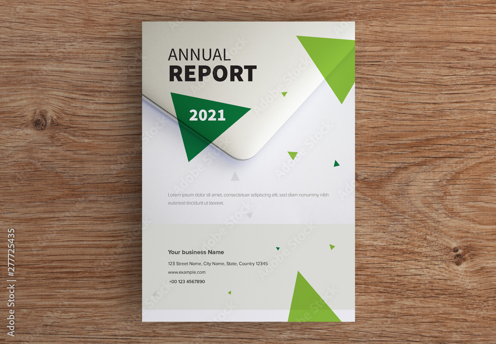 Annual Report Cover Layout with Green Triangles and Photo of a Laptop ...