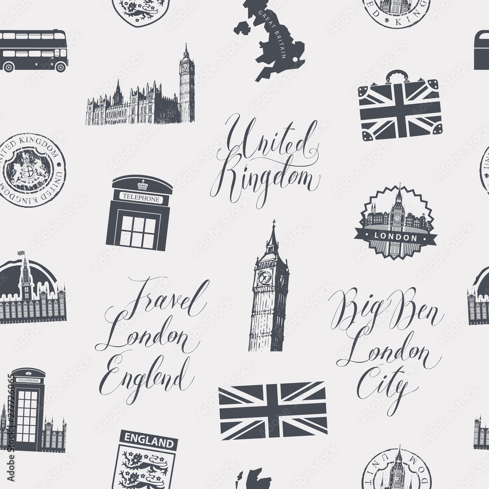 Vector seamless Background on UK and London theme with inscriptions ...