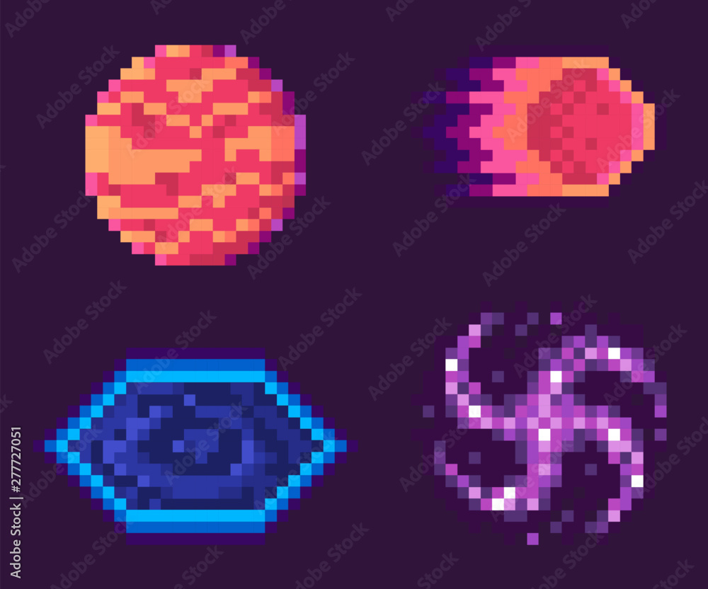 Pixel game vector, isolated planet with spots and flaming meteor ...