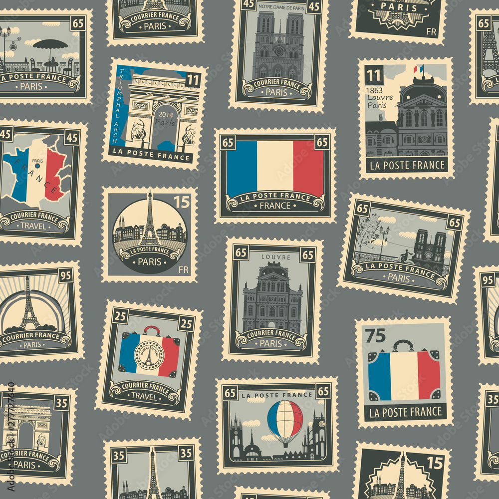 Vector seamless pattern with postage stamps on theme of France and Paris in retro style. French ...
