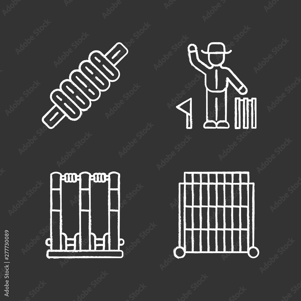 Cricket championship chalk icons set. Sport competition. Bail, stumps ...
