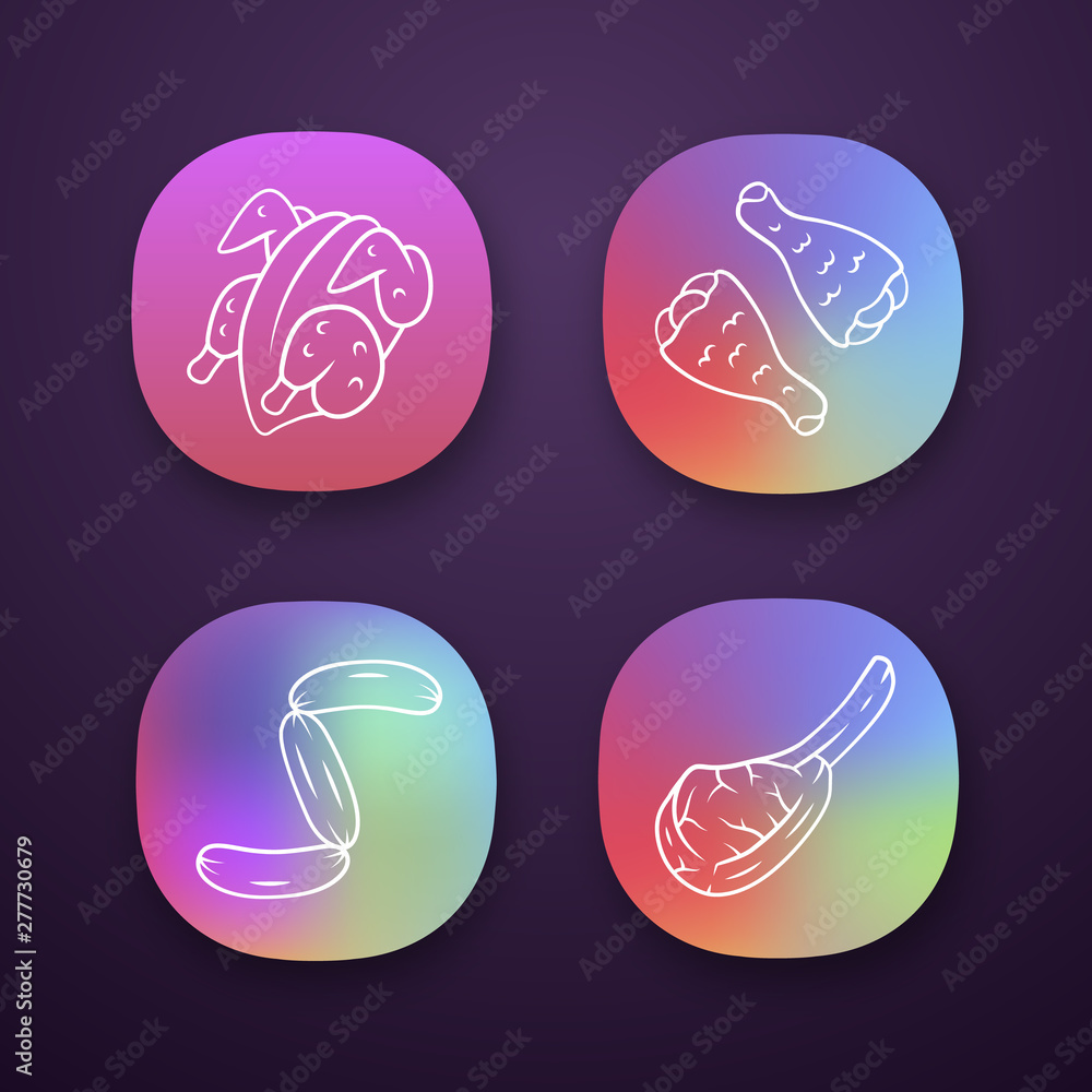Butchers meat app icons set. Chicken carcase and drumsticks, tomahawk ...