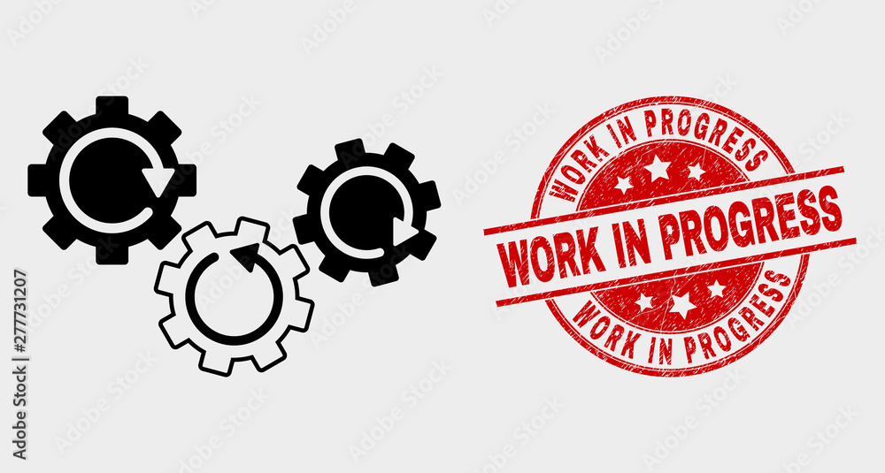Vector gear mechanism pictogram and Work in Progress seal stamp. Red ...