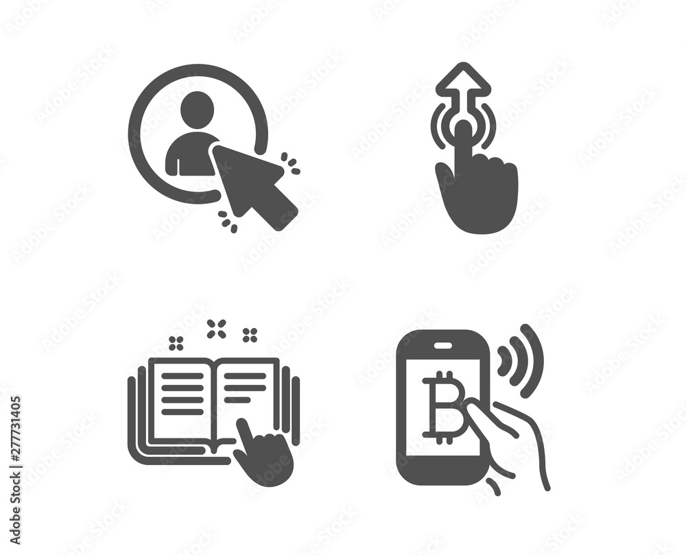 Set of Swipe up, User and Technical documentation icons. Bitcoin pay sign. Touch technology ...
