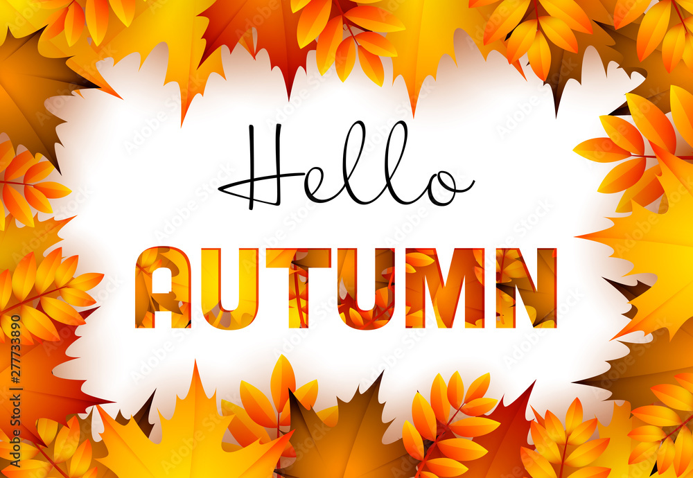 Hello autumn seasonal banner design. Text in frame with yellow and ...