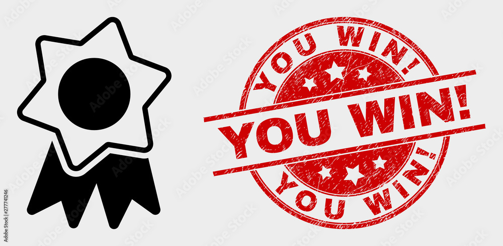 Vector award badge pictogram and You Win! seal stamp. Red round ...