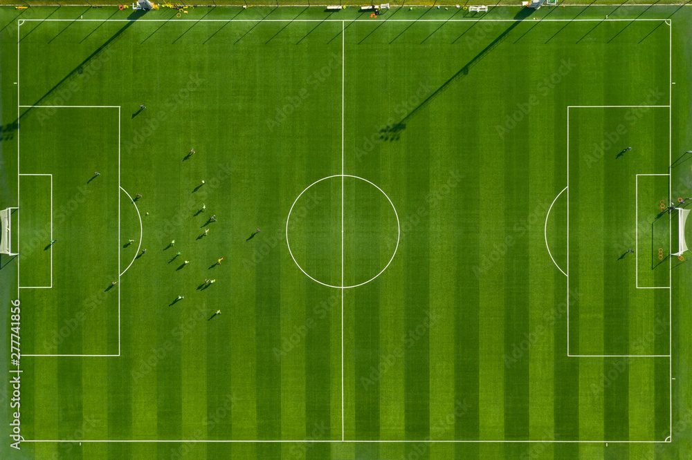 Aerial view from below of a large green football field with white lined ...