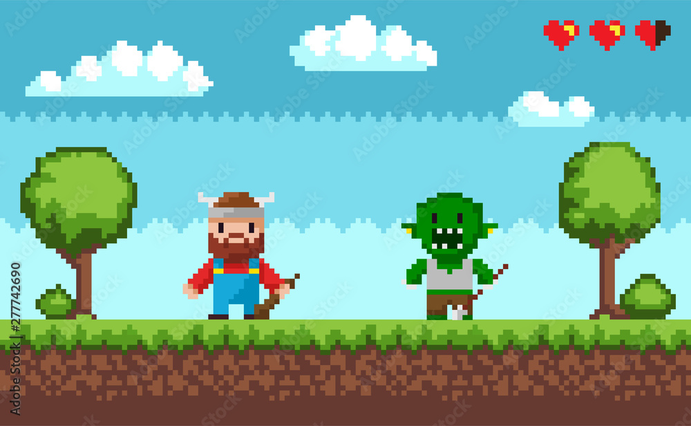 Arcade pixel game vector, viking with weapon and troll character ...