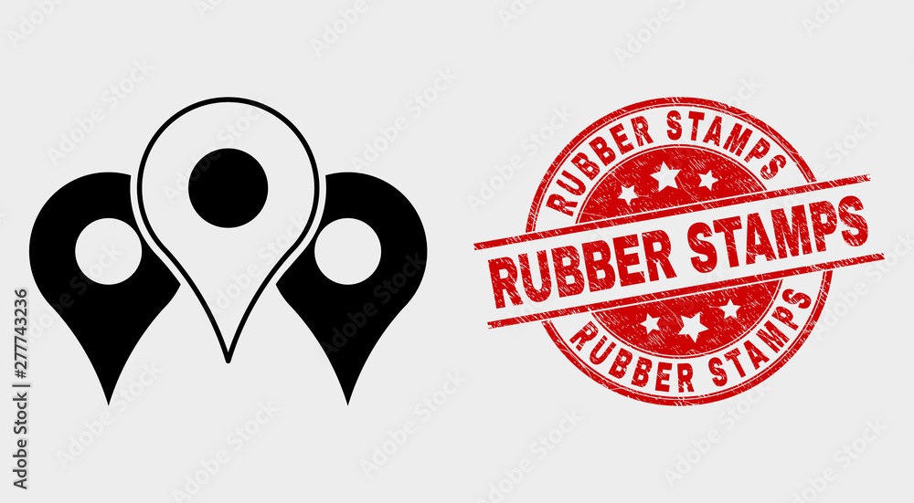 Vector map markers pictogram and Rubber Stamps stamp. Red round ...