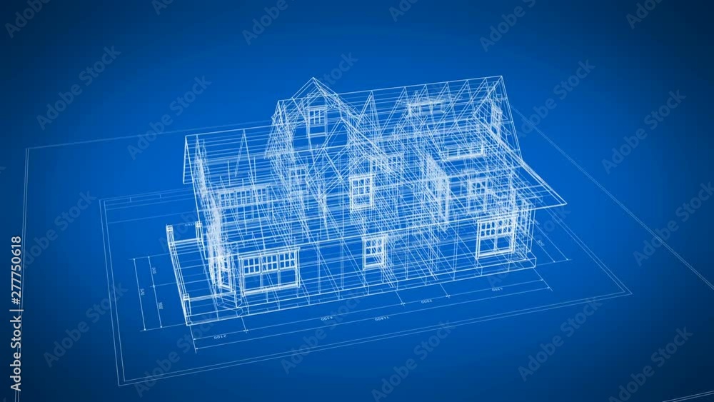 Cottage 3d Blueprint Rotating on Engineering Plan Seamless on Black and ...