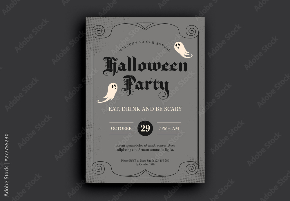Halloween Party Flyer Layout with Ghost Illustrations Stock Template ...