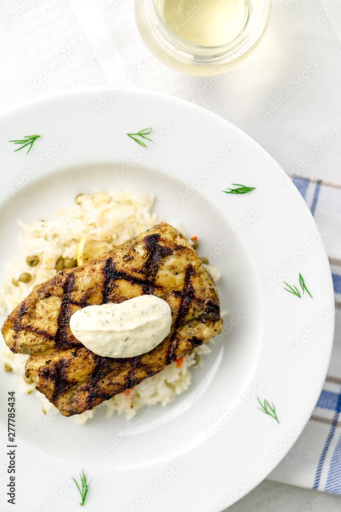 Grilled mahi mahi fish in portrait orientation. This lean tropical ...