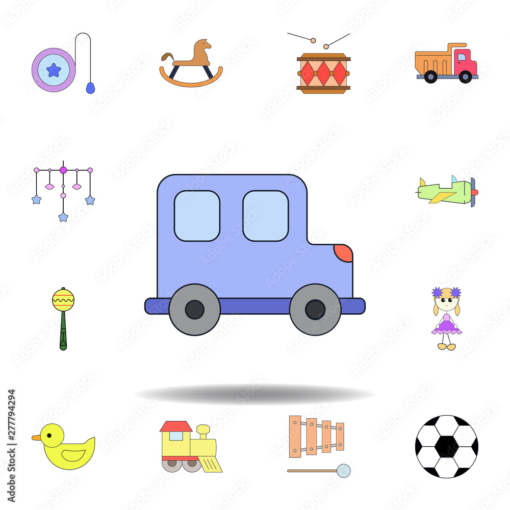 cartoon toy car colored icon. set of children toys illustration icons ...