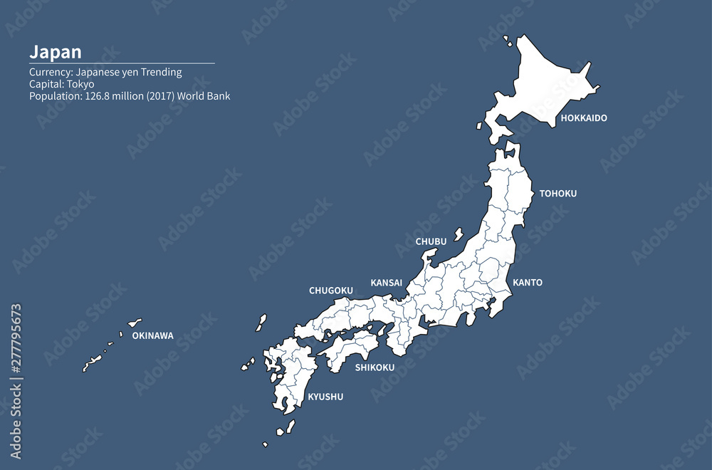 japanese provinces. graphic vector map of asia countries. japan map ...