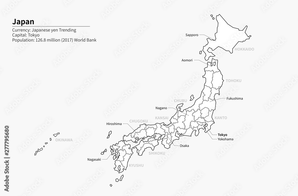 graphic vector map of asia countries. japan line vector map. Stock ...