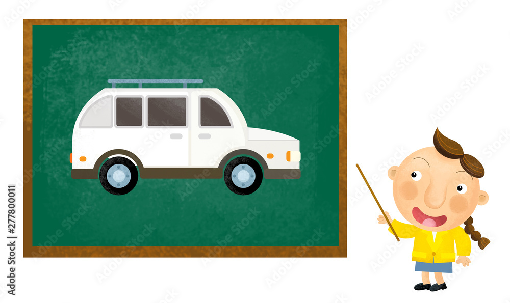 cartoon scene with girl child showing every day car and teaching on ...
