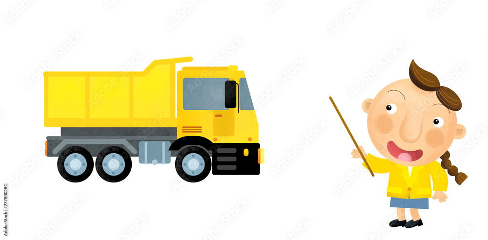 cartoon scene with girl child showing construction site truck and ...