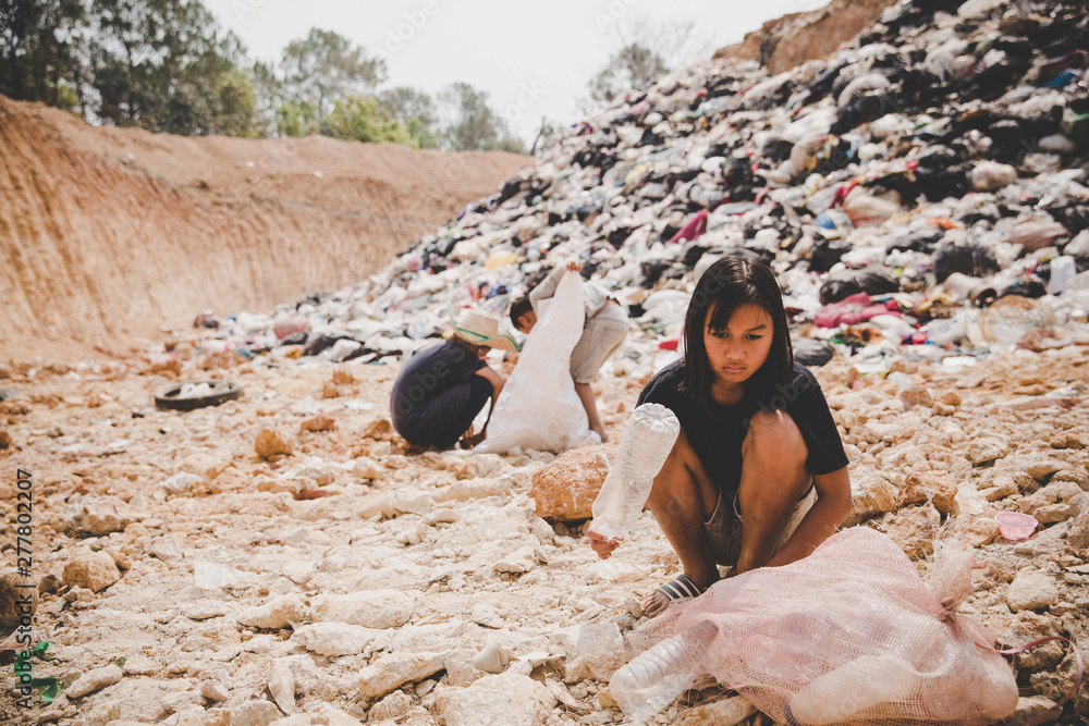 Poor children collect garbage for sale,, the concept of pollution and ...