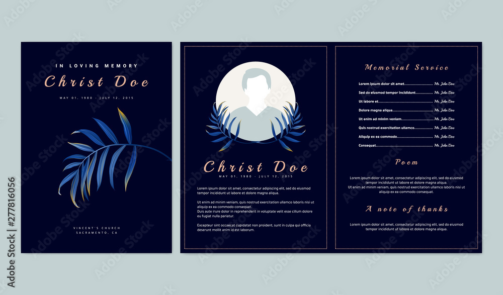 Botanical memorial and funeral invitation card template design, dark ...