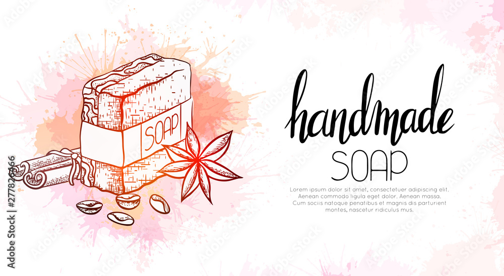 Horizontal banner with outline illustration of handmade soap with ...