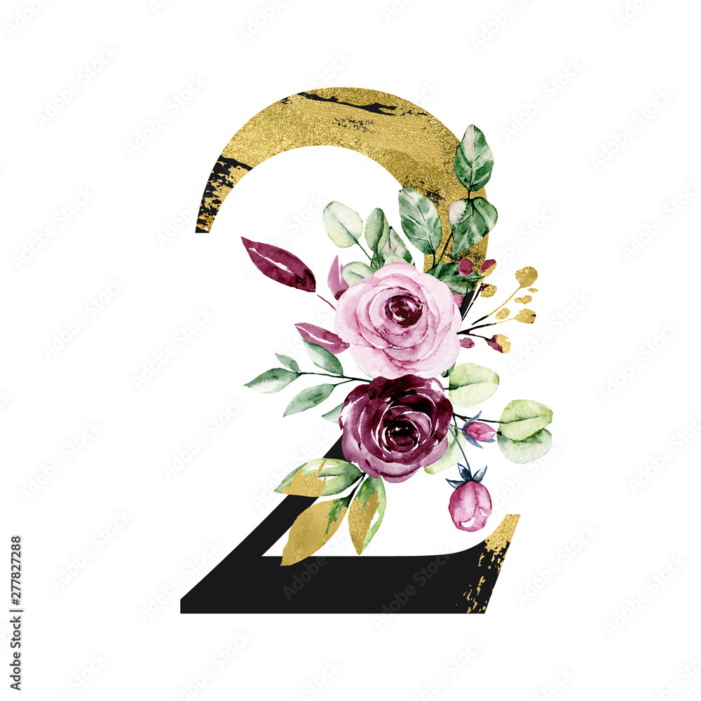 Number 2 gold black with watercolor flowers roses and leaf. Perfectly ...