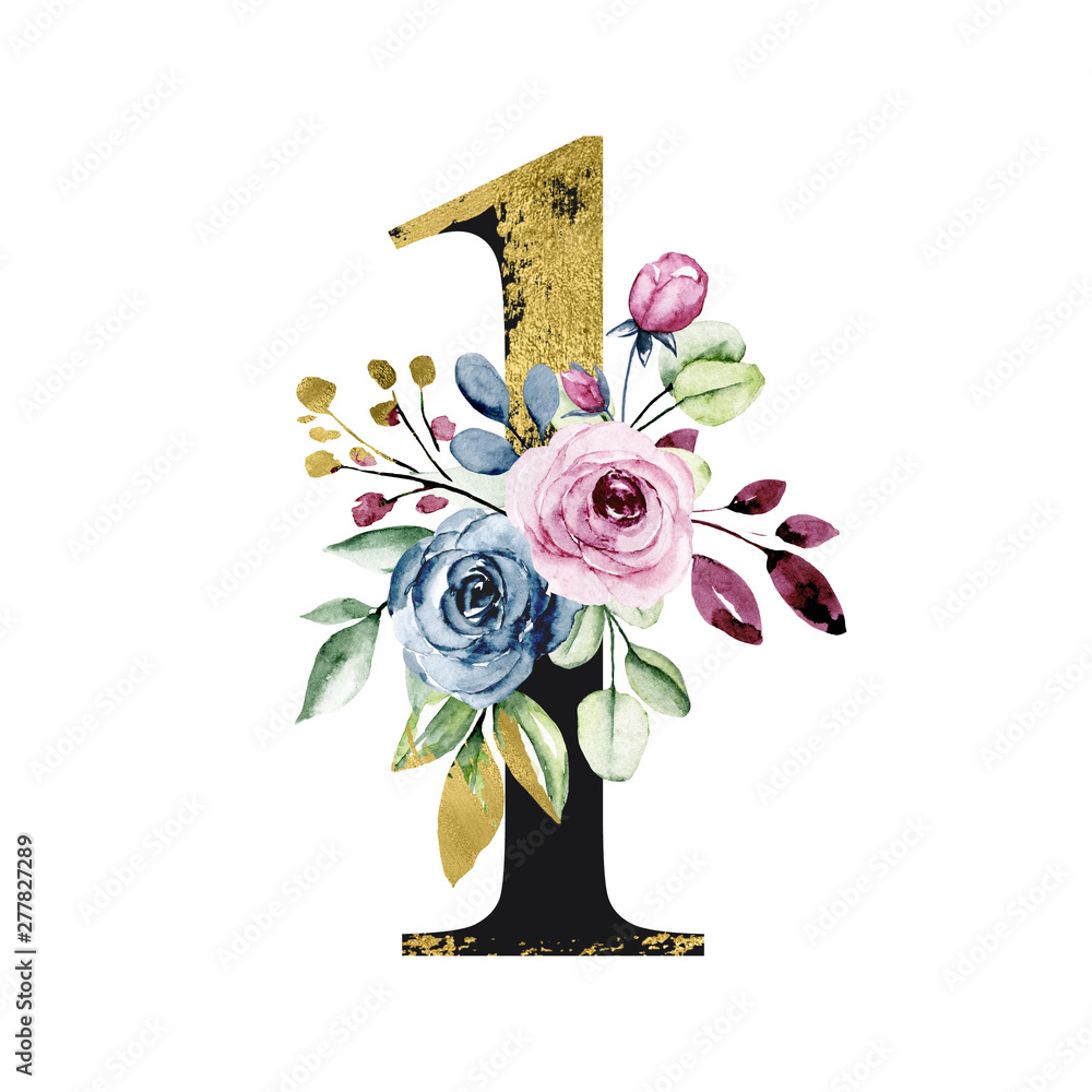 Number 1 gold black with watercolor flowers roses and leaf. Perfectly ...