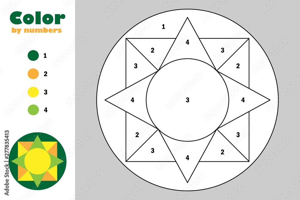 Mandala in cartoon style, color by number, education paper game for the ...