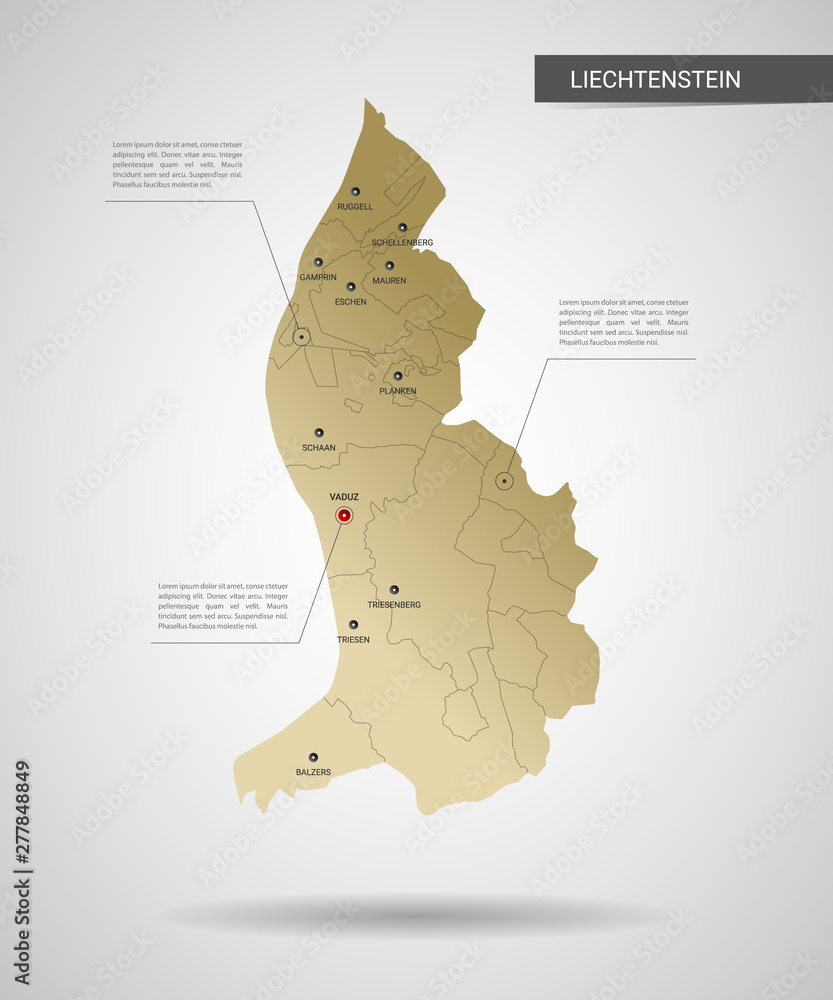 Stylized vector Liechtenstein map. Infographic 3d gold map illustration ...