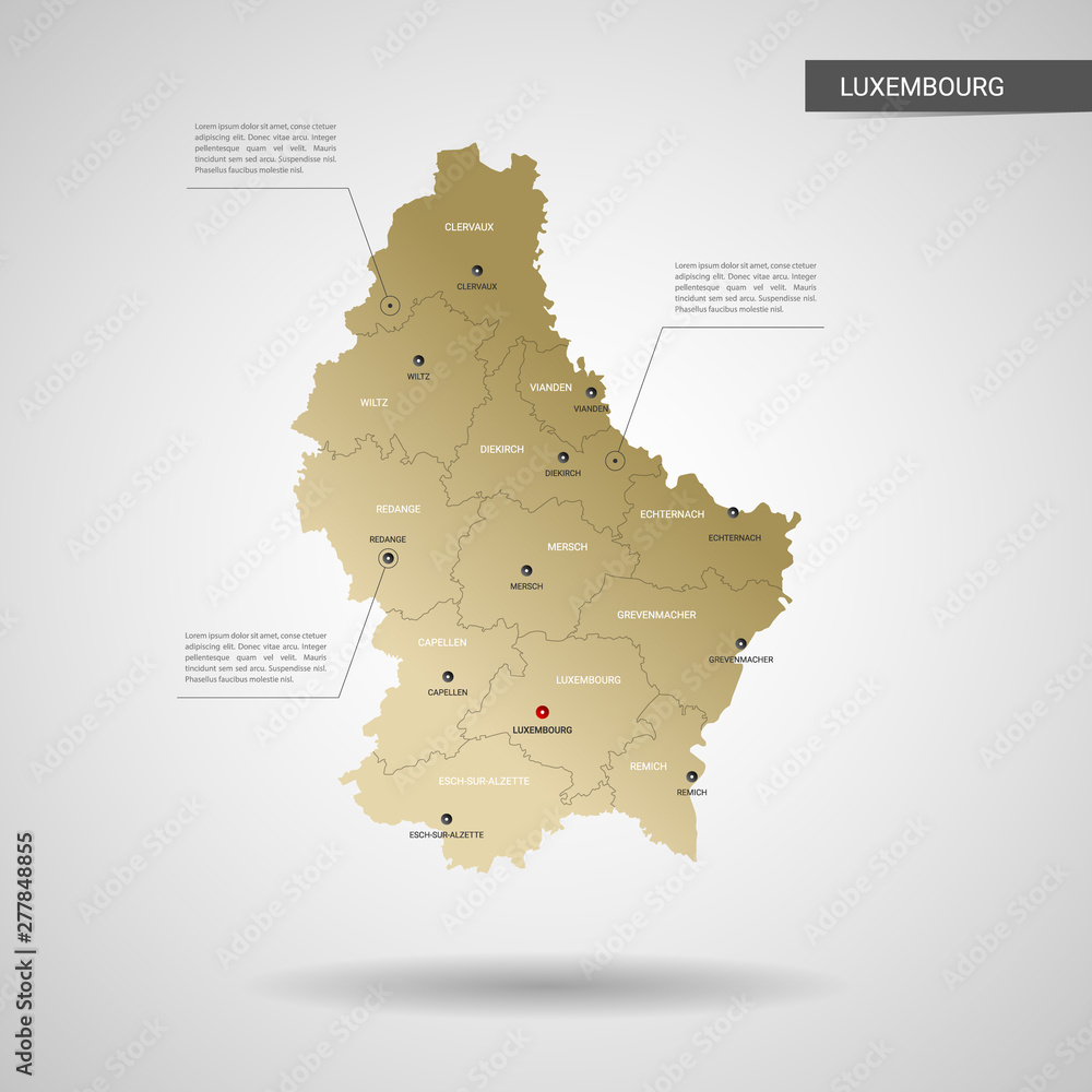 Stylized vector Luxembourg map. Infographic 3d gold map illustration ...