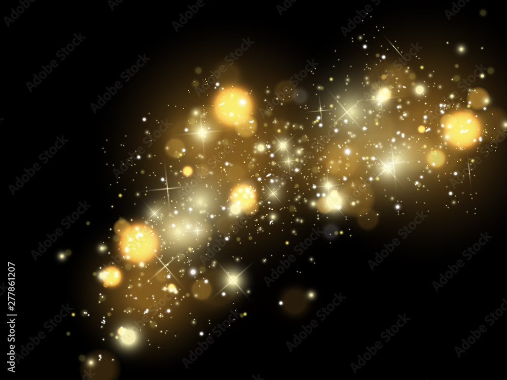 Glowing yellow circles. White sparks and golden stars glitter special ...