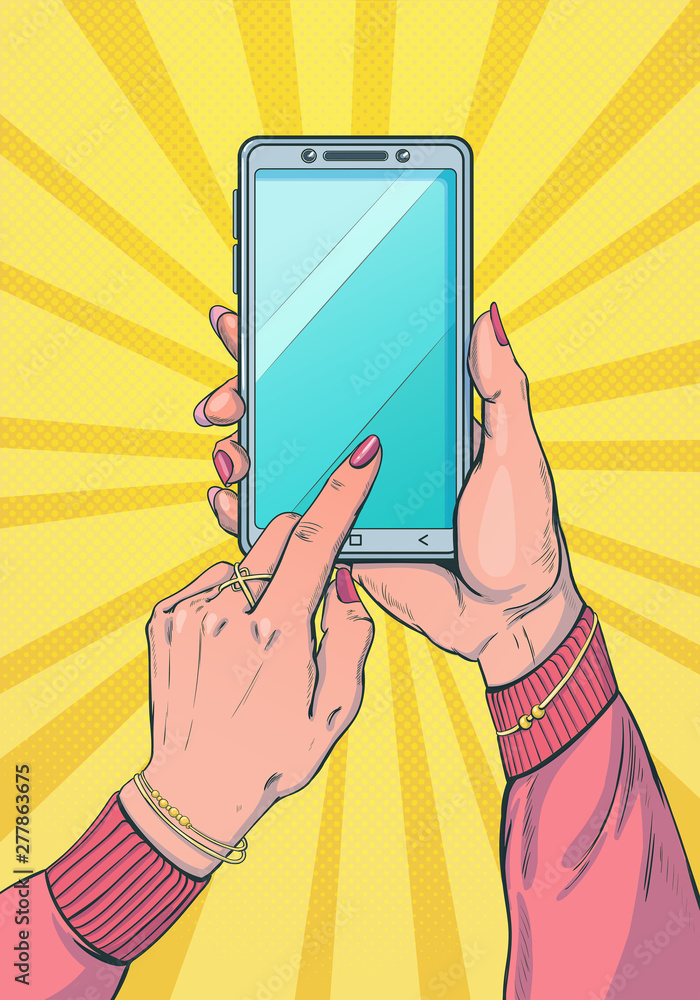 Women's hands with a smartphone. Highly detailed, hand-drawn, vector ...