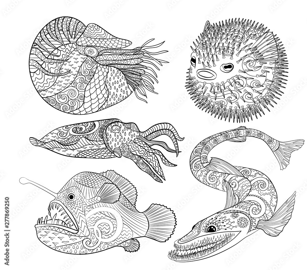 Coloring page with creepy fish with high details Stock Vector | Adobe Stock