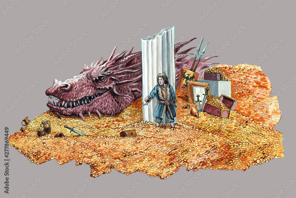 Fearsome dragon illustration. Dragon and his treasure. Fantasy acrylic ...