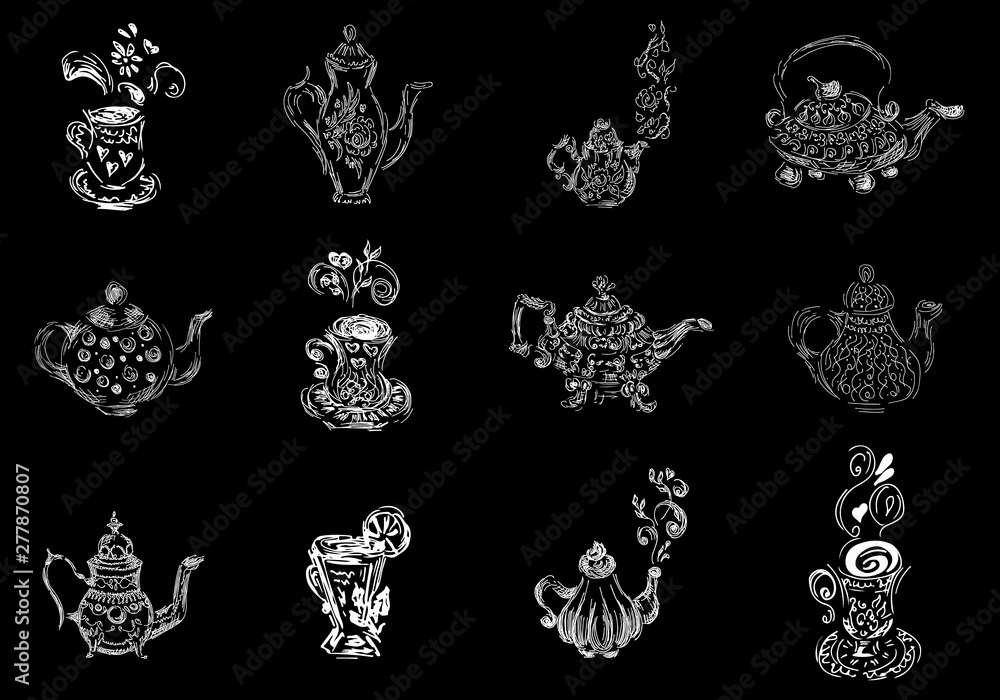 Retro line art teapot and teacup set isolated on black background ...