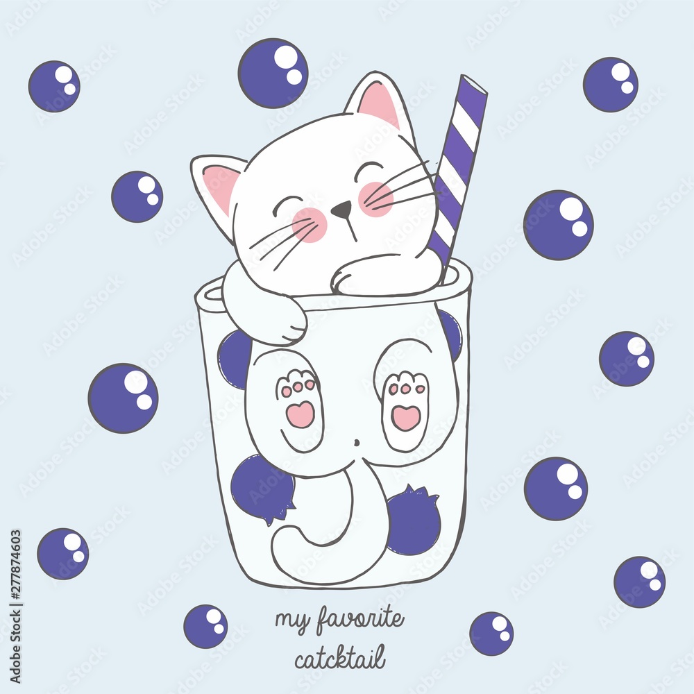 Vector illustration of cute kawaii hand drawn cat in anime style in a ...