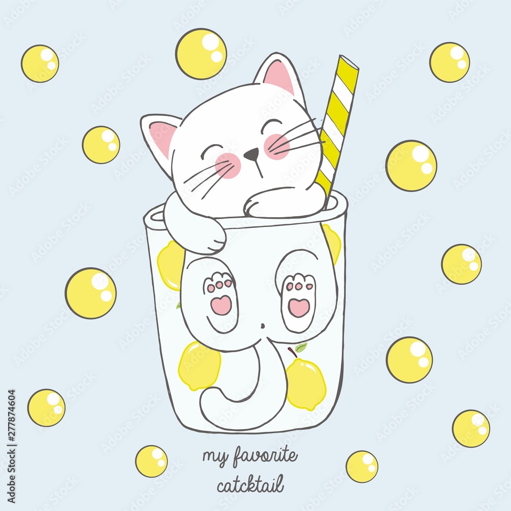 Vector illustration of cute kawaii hand drawn cat in anime style in a ...