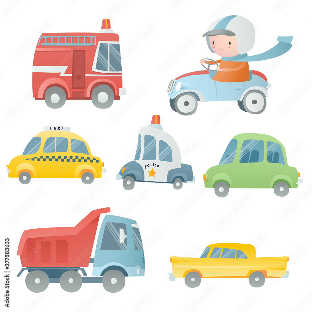 Cartoon set with a boy driving a car and cars. Stock Vector | Adobe Stock