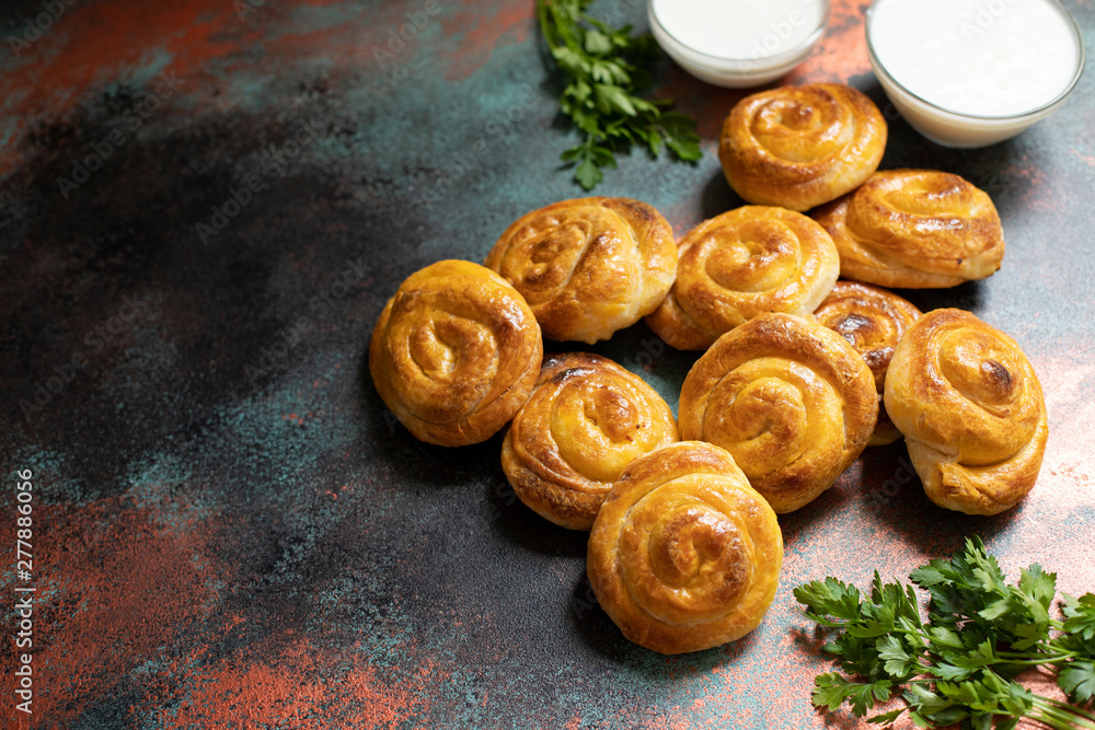 Traditional Balkan Cheese Pie spiral phyllo pastry served with yogurt ...