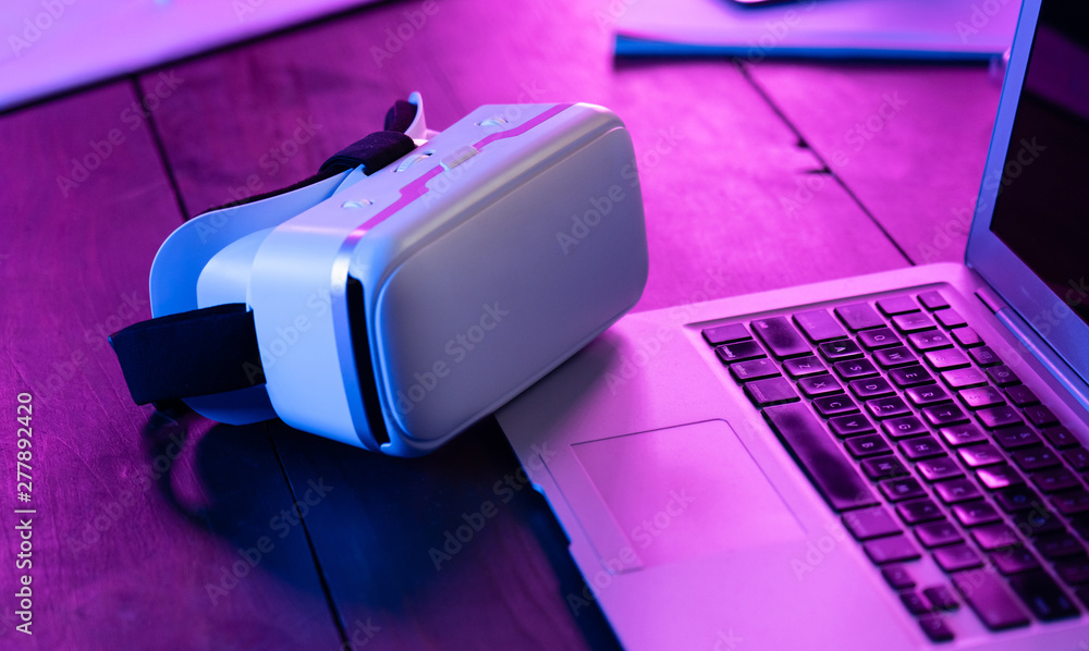 3d 360 vr headset glasses goggles on laptop computer keyboard work ...