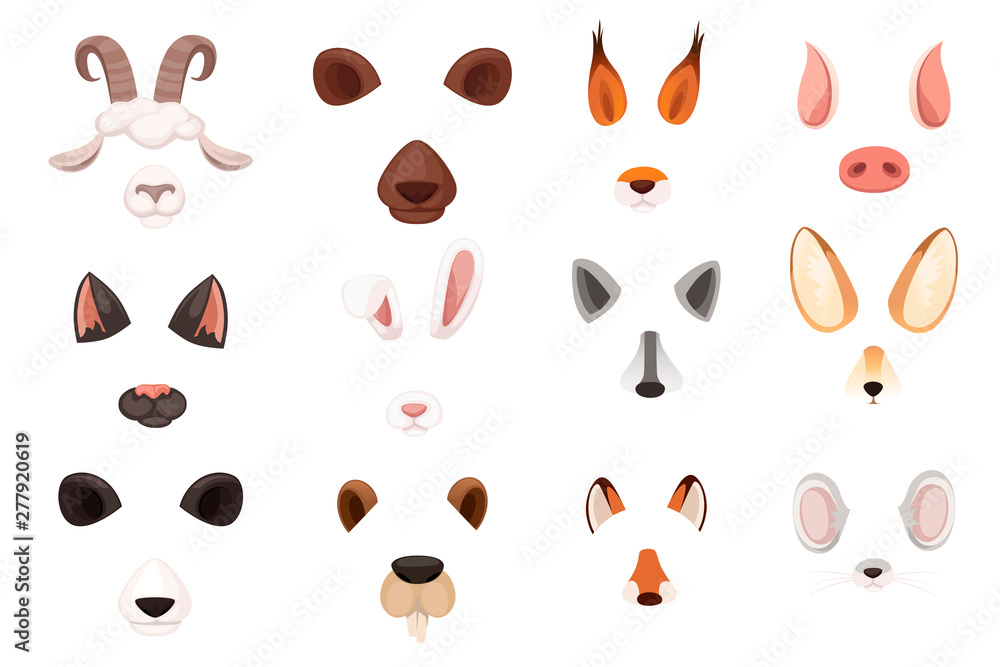 Animal face elements set cartoon flat design ears and noses vector ...