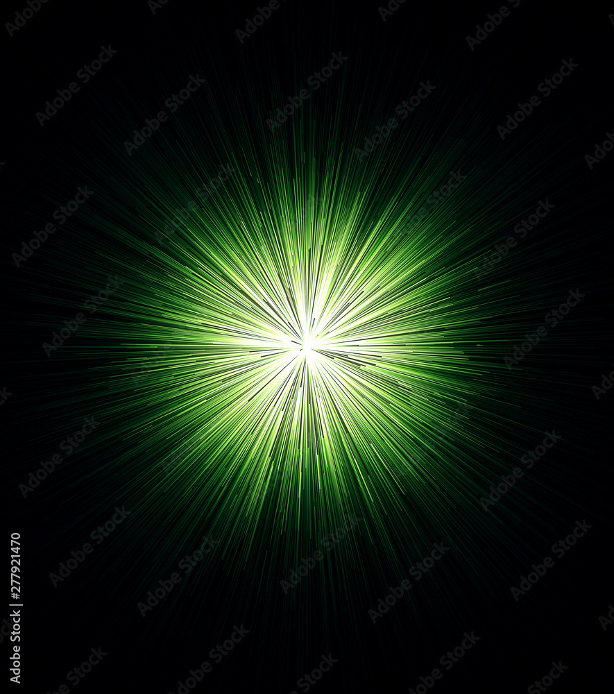 Abstract white light sphere with many blue rays spreading into all the ...