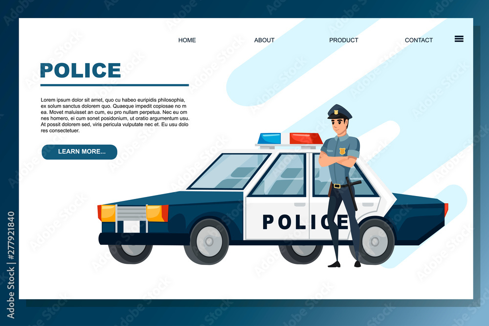 Cartoon design police car and police officer flat vector illustration ...