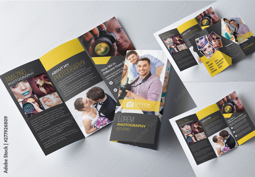 Trifold Photography Brochure Template with Dark Yellow Accents Stock ...
