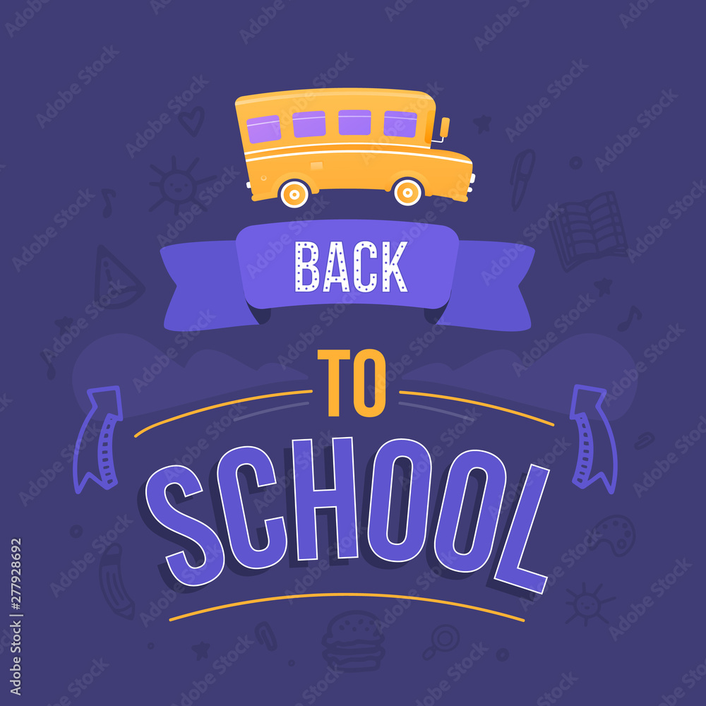 Back to school typography design with bus, education concept. Vector ...