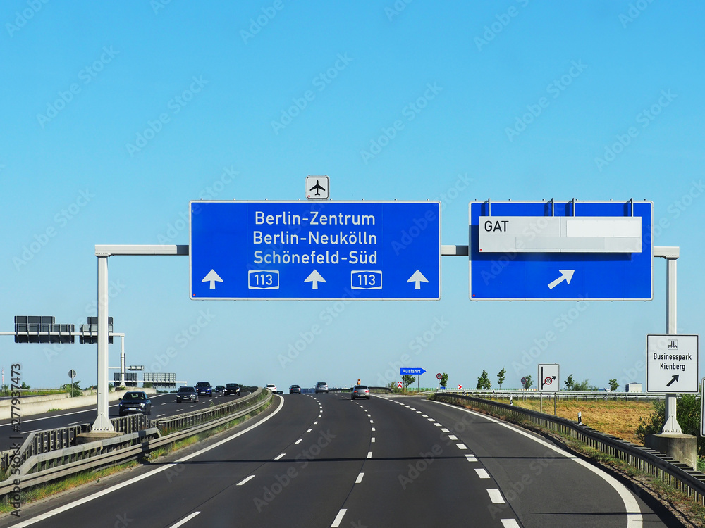 Germany, autobahn, traffic. Road to the center of Berlin, road signs ...