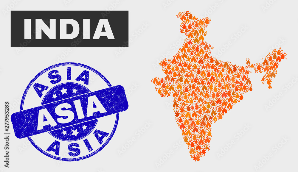 Vector composition of fire India map and blue rounded textured Asia ...