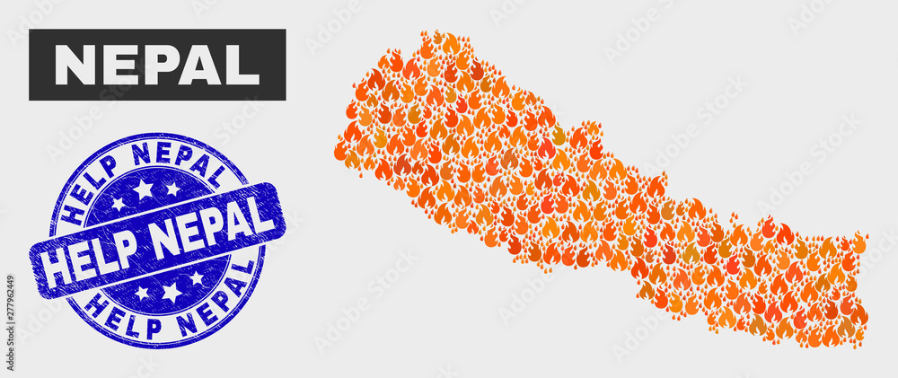 Vector composition of flame Nepal map and blue rounded scratched Help ...