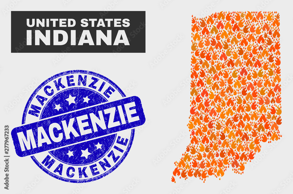 Vector composition of fire Indiana State map and blue rounded scratched ...