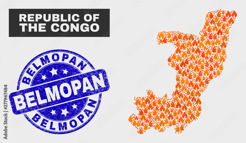 Vector collage of flame Republic of the Congo map and blue round grunge ...